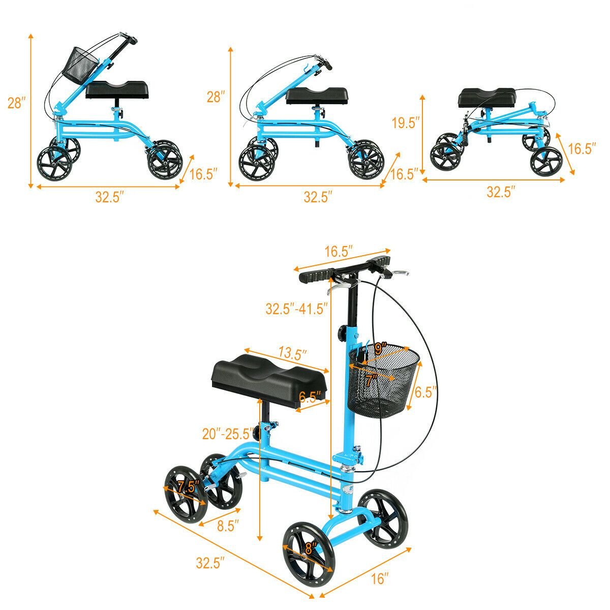 Foldable Knee Walker Scooter with Adjustable Handle & All-Terrain ...