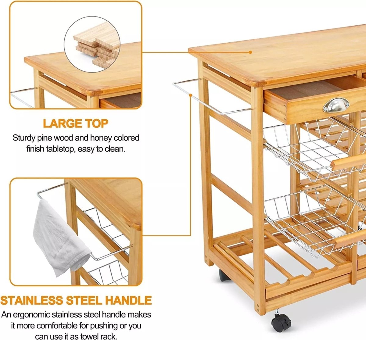 Island Carts for Kitchen, Bamboo & Pine Mobile Storage with Wine Rack ...