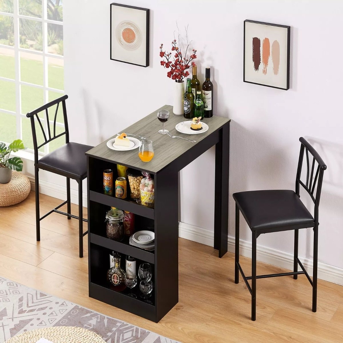 Stylish Bar Table Set for 2 | Compact Design, Storage Shelves, Padded ...